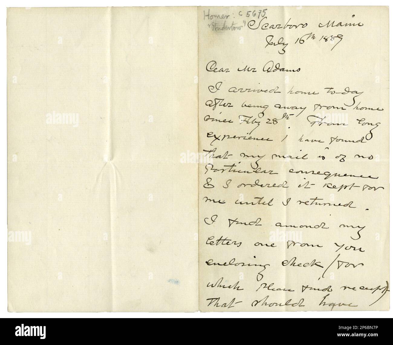 Winslow Homer, Letter to Edward Adams, 16 July 1889, ink on paper Stock ...