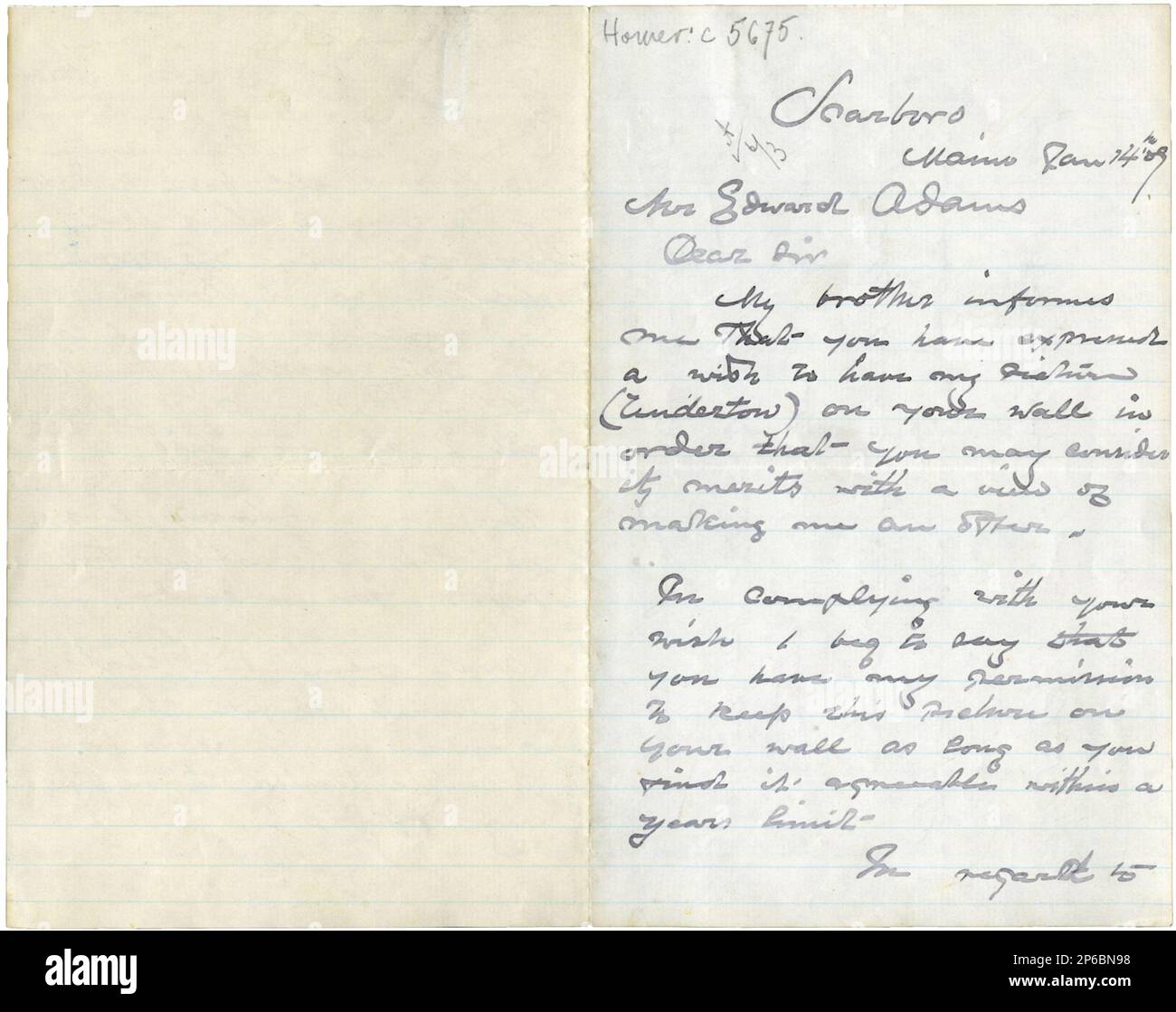 Winslow Homer, Letter to Edward Adams, 14 Jan. 1889, ink on paper Stock ...