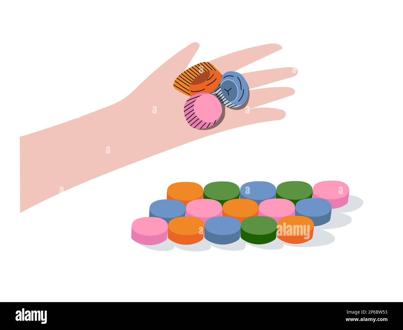 PET bottle caps in a human hand and an example of the way to recycle ...
