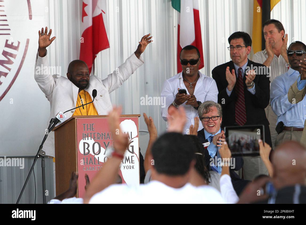 Inductee and boxer Mark "Too Sharp" Johnson gives his induction speech ...