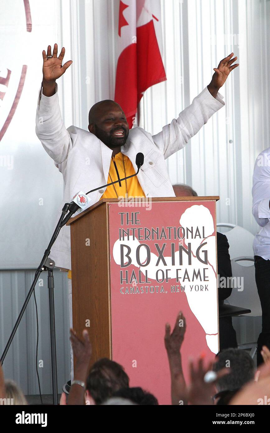 Inductee and boxer Mark "Too Sharp" Johnson gives his induction speech ...