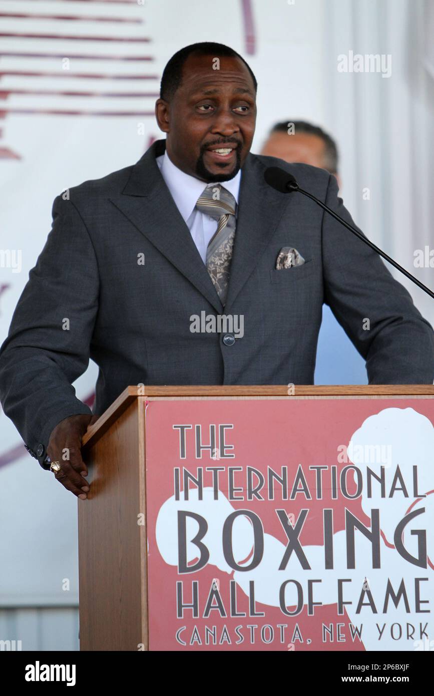 Inductee Thomas "Hitman" Hearns addresses the crowd during the 23rd ...