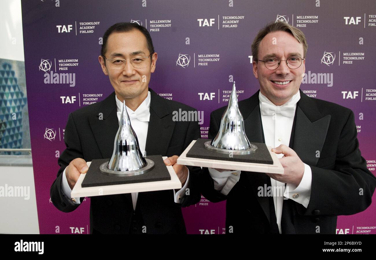 Shinya Yamanaka from Japan and Linus Torvalds, right, from Finland pose ...
