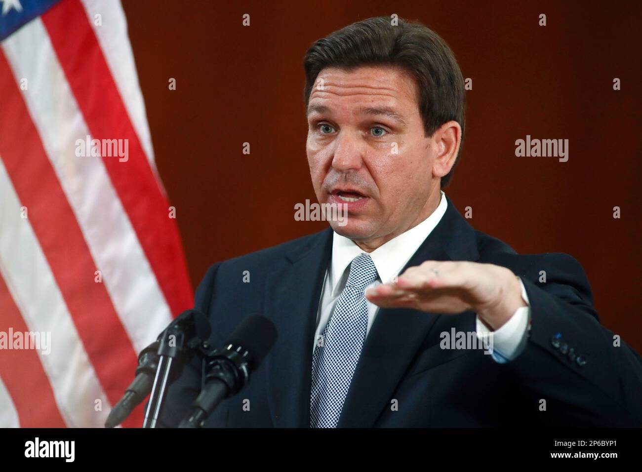 Florida Gov. Ron DeSantis answers questions from the media in the ...