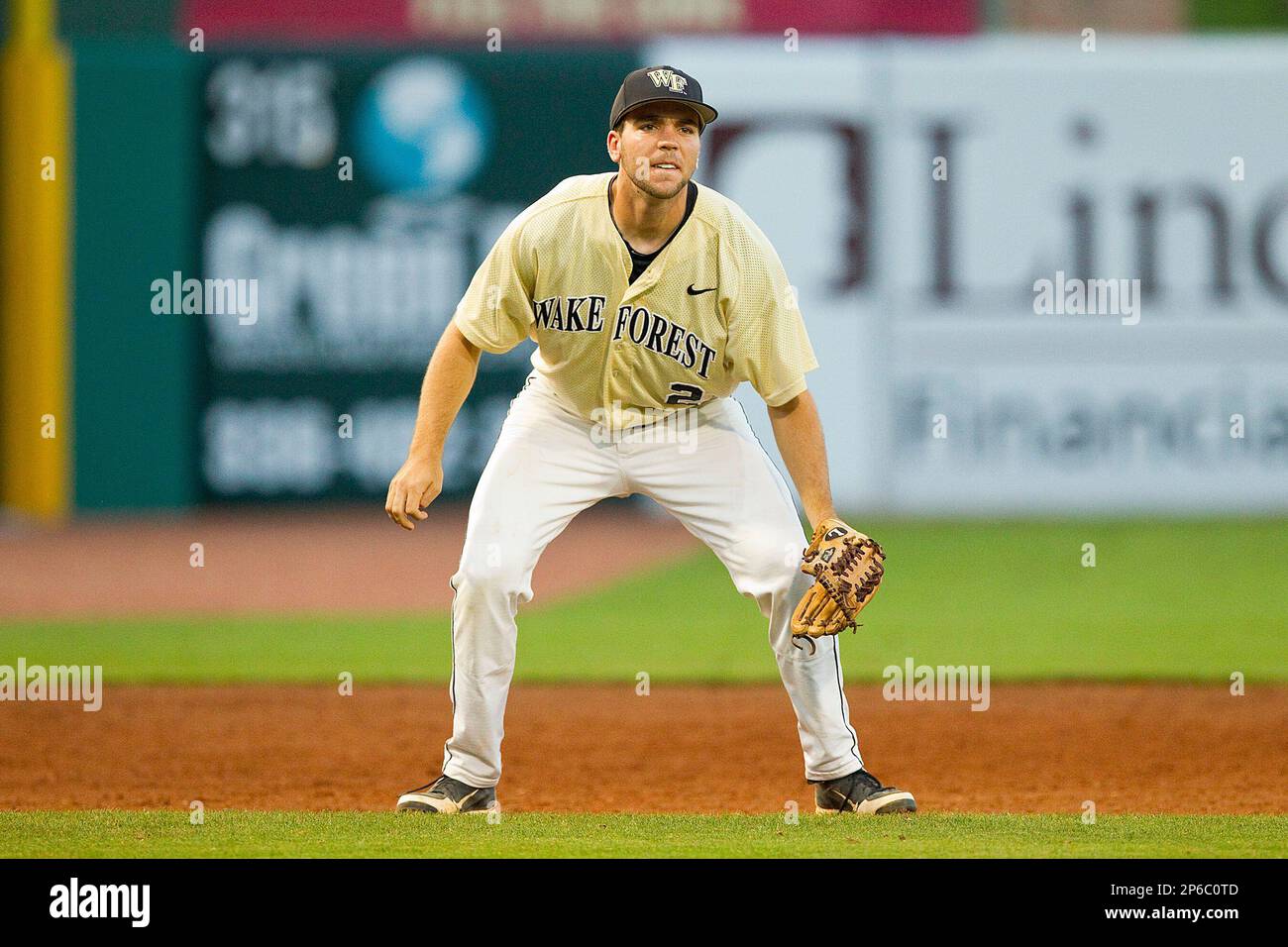 Wake Forest Demon Deacons third baseman Mark Rhine #2 on defense ...