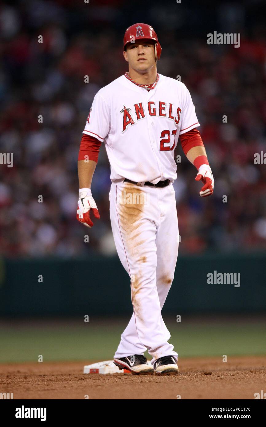 Mike Trout #27 of the Los Angeles Angels during a game against the ...