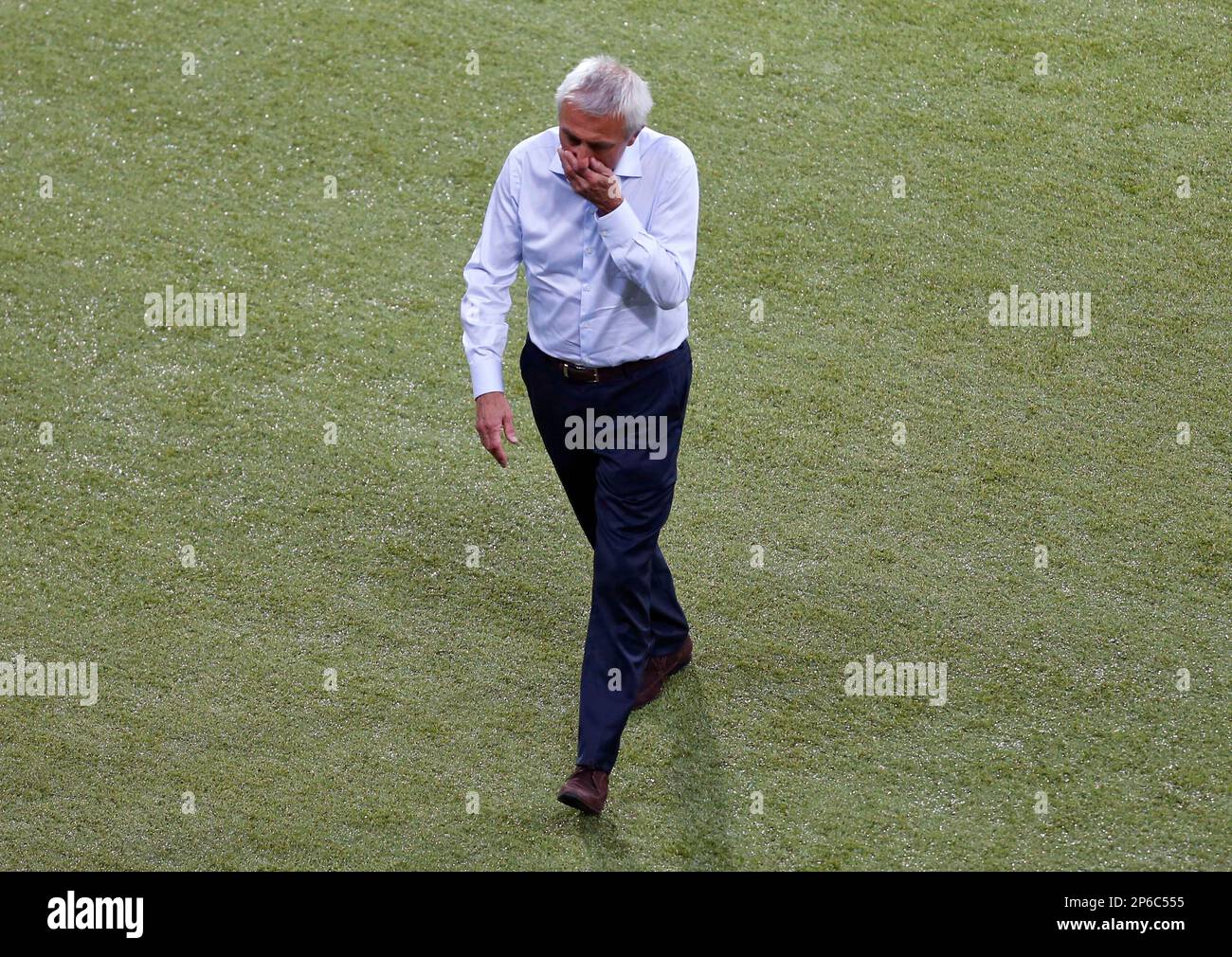Dutch head coach Bert van Marwijk walks next to the pitch during the ...