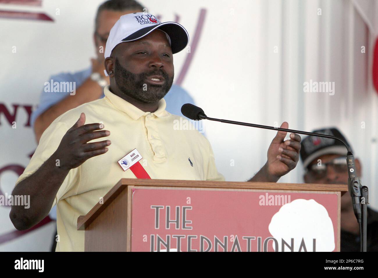 Inductee Mark "Too Sharp" Johnson addresses the crowd during the 23rd ...