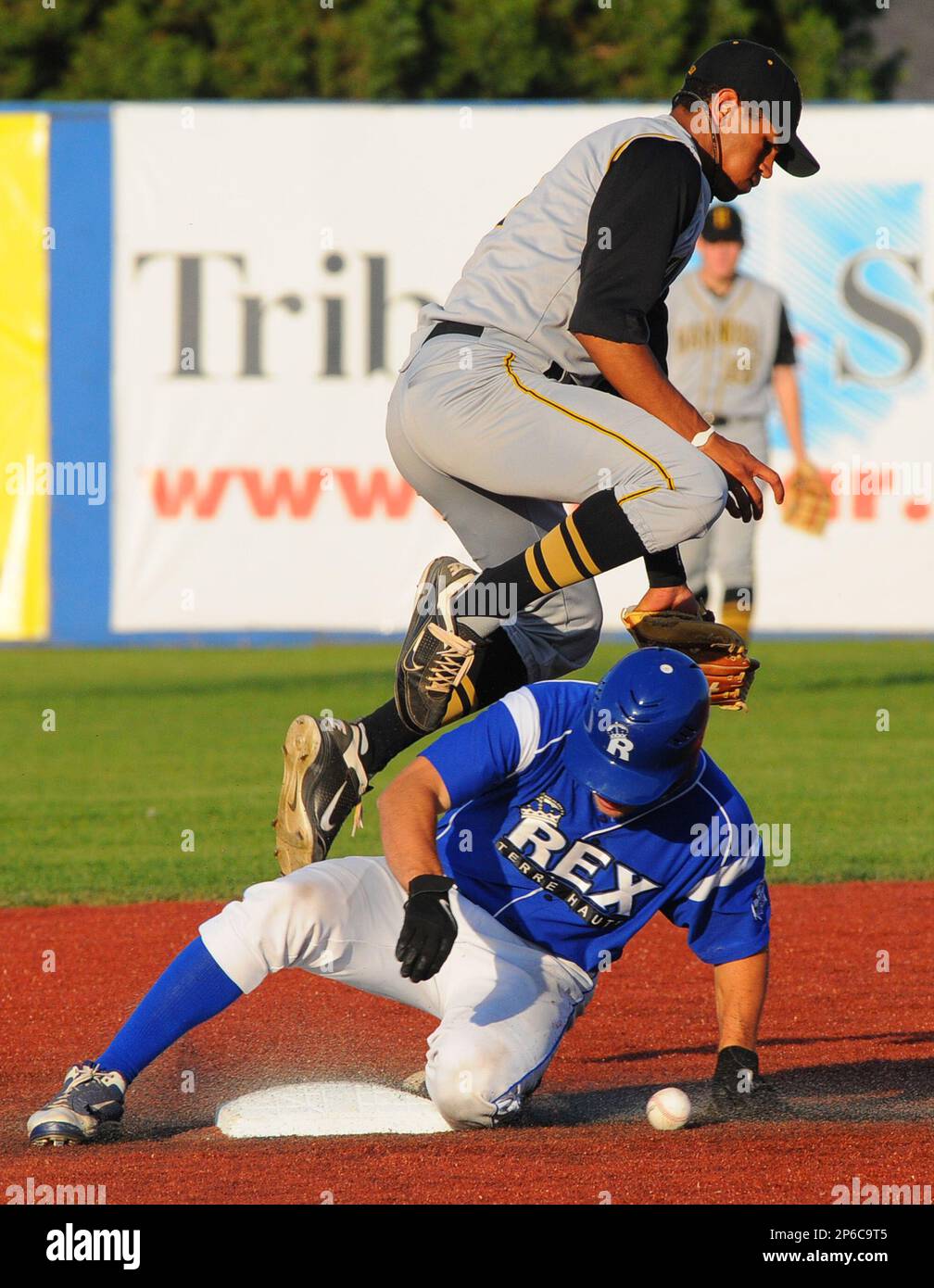 Terre Haute Rex's Kyle Kempf is safe at second base as Hannibal Cavemen ...