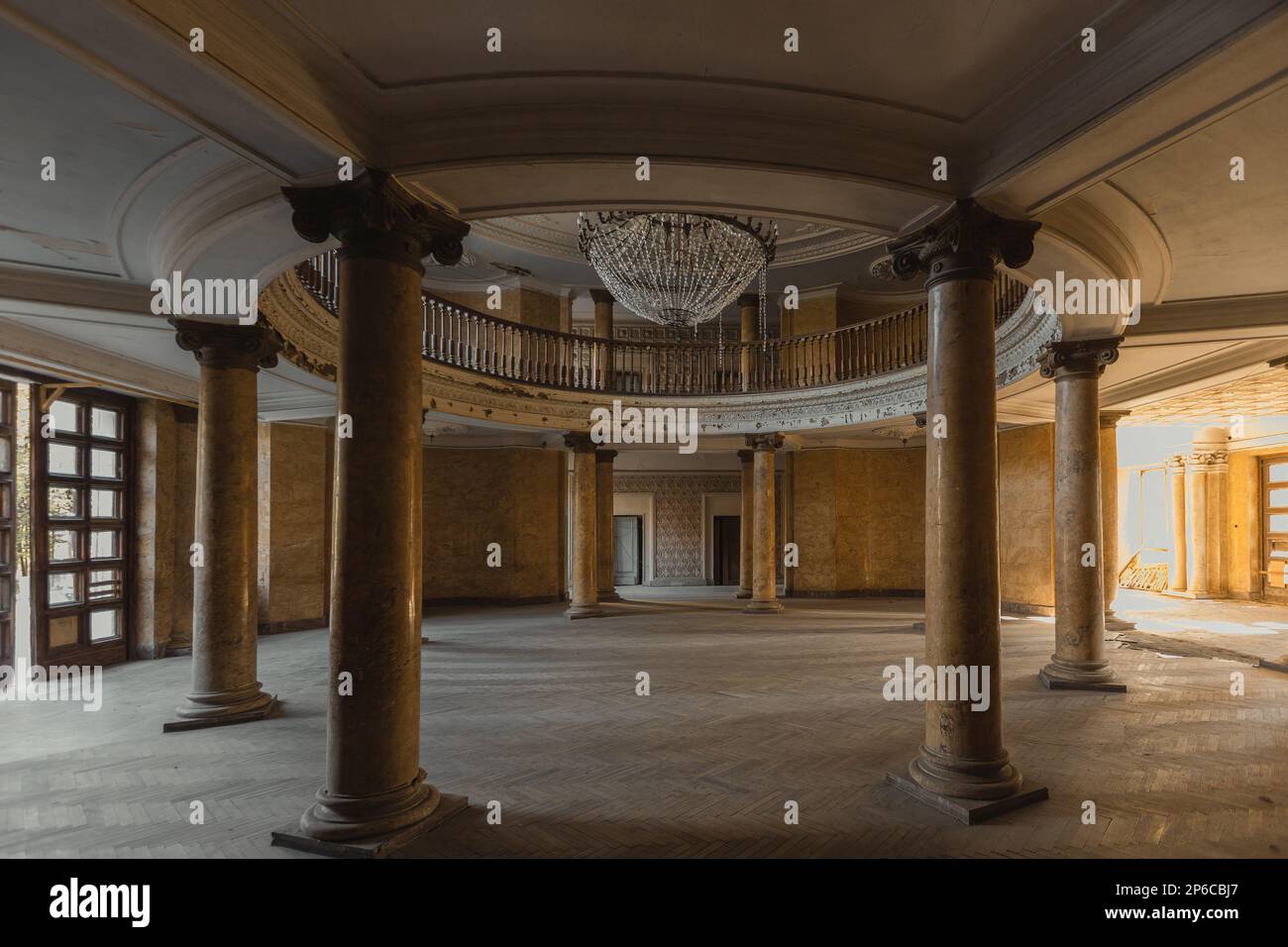 Entrance round hall with chandelier at the abandoned palace Stock Photo ...
