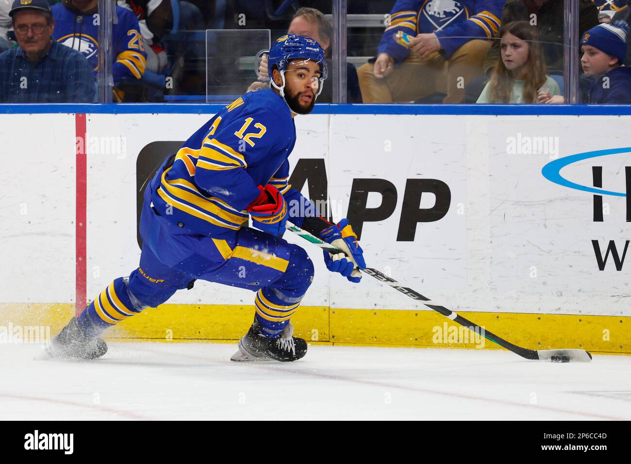 Buffalo Sabres left wing Jordan Greenway (12) looks to pass the puck ...