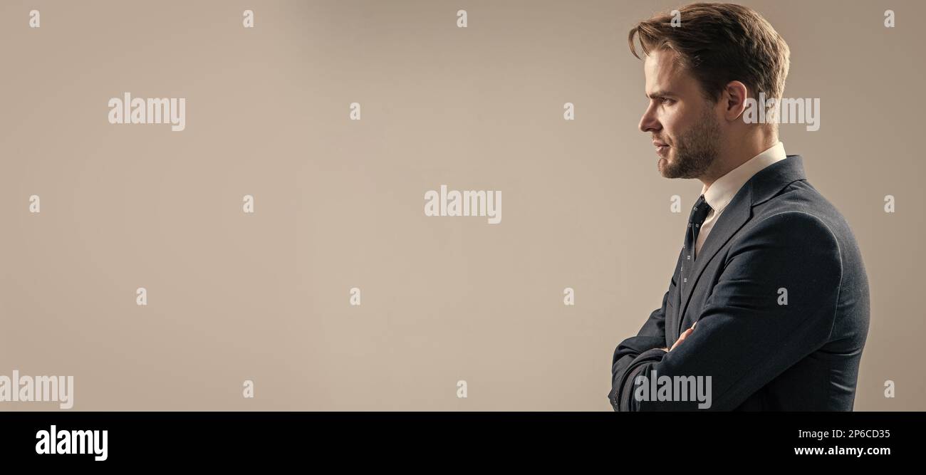 Boost your confidence. Confident guy sideway grey background ...