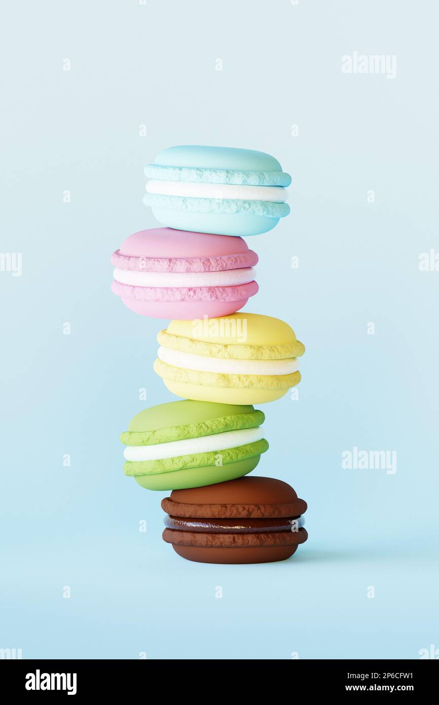 Realistic food. Colorful macaroons on pastel background. 3D render ...
