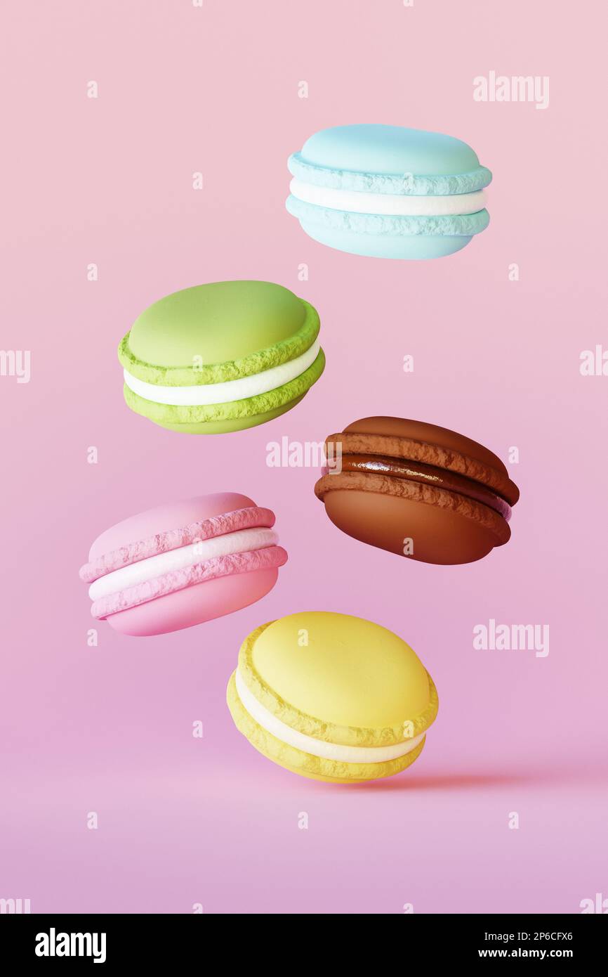 Realistic food. Colorful macaroons on pastel background. 3D render ...