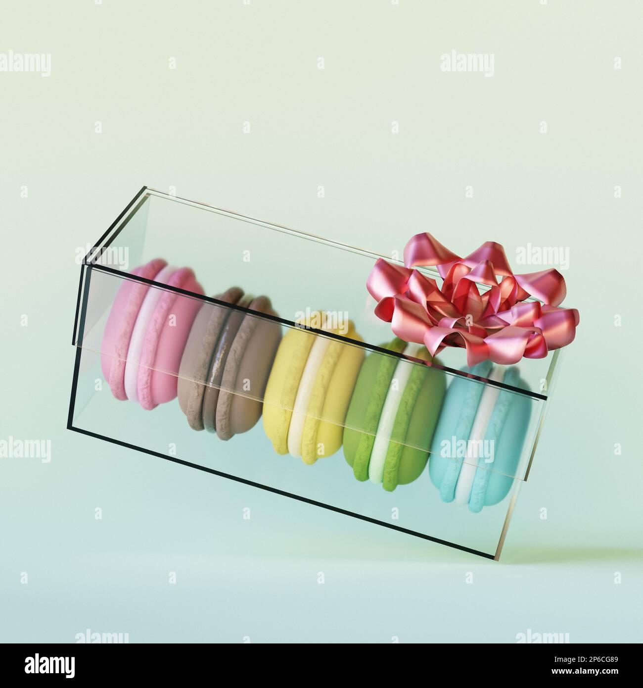 Realistic food. Transparent gift box with colorful macaroons. 3D render ...