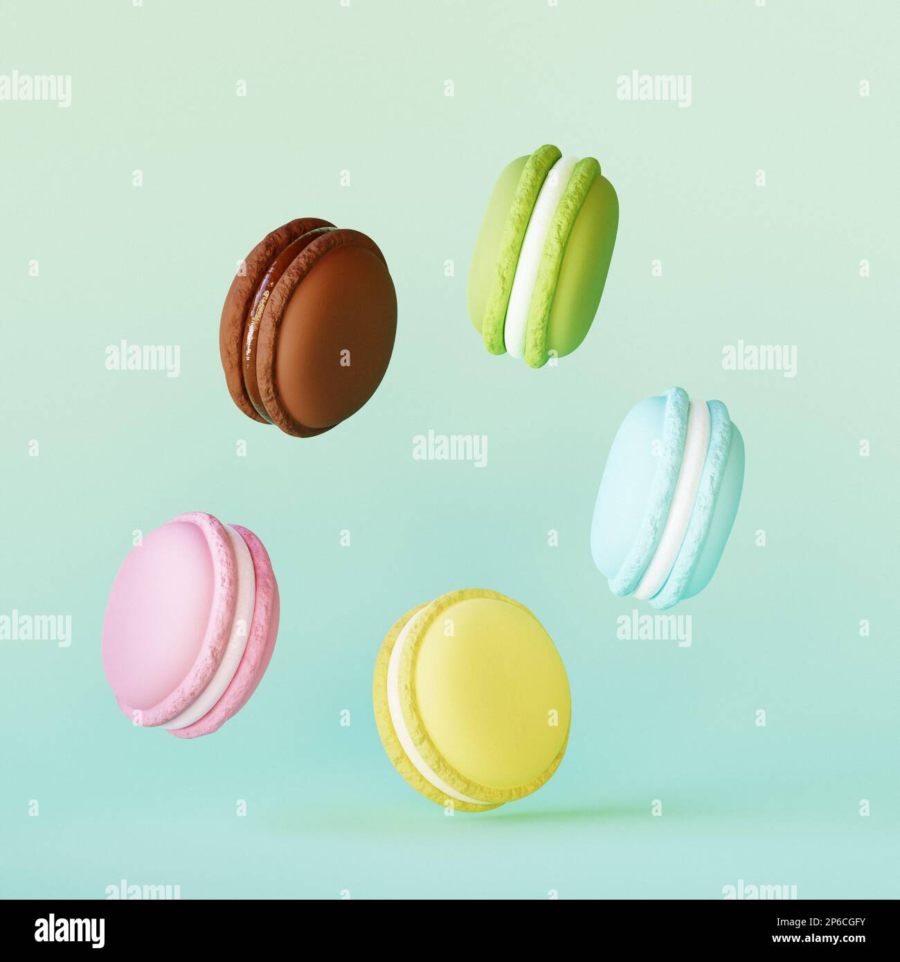 Realistic food. Colorful macaroons on pastel background. 3D render ...
