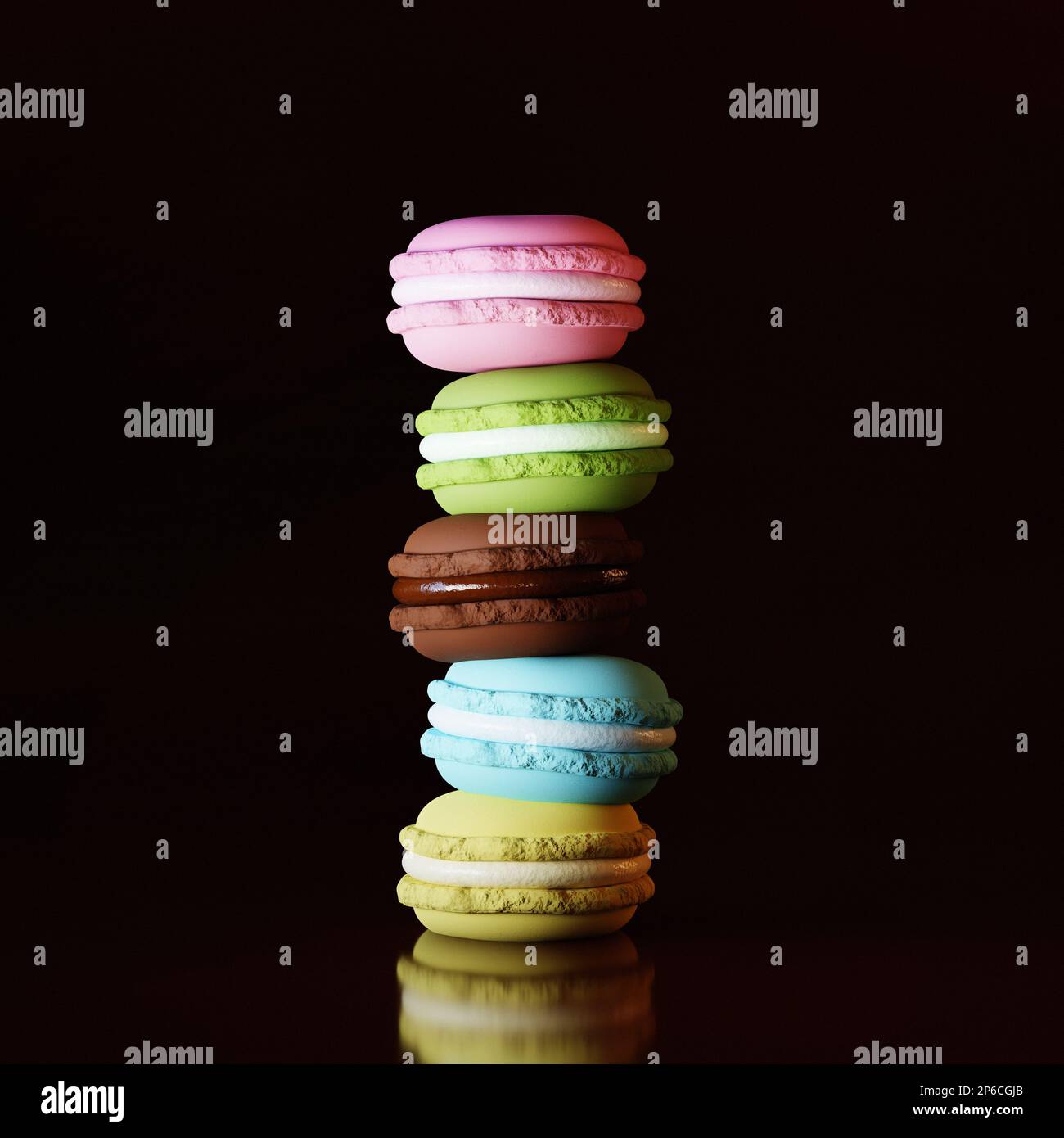 Realistic food. Colorful macaroons on dark background. 3D render Stock ...