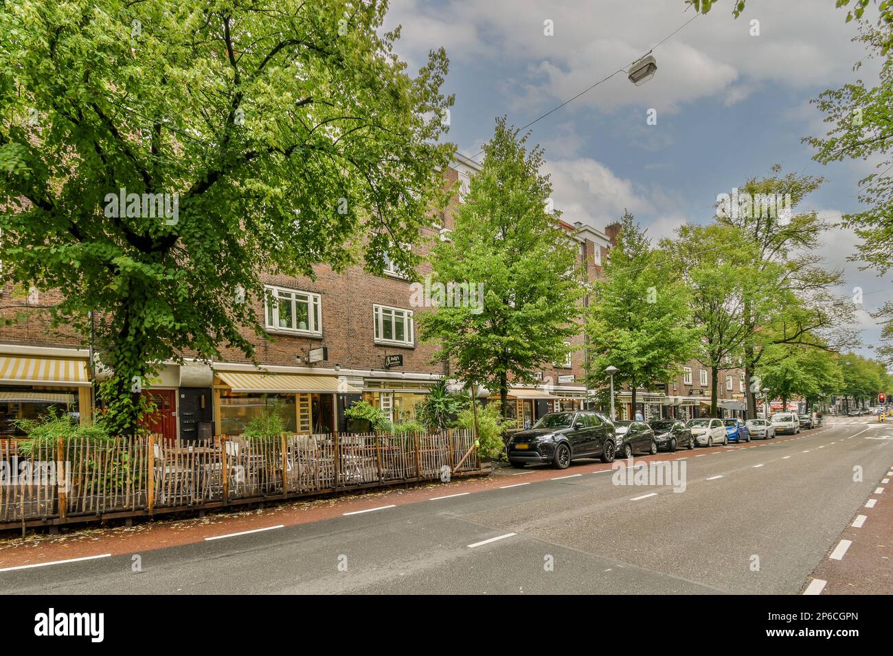 a city street with cars parked on the side and trees lining the road in ...