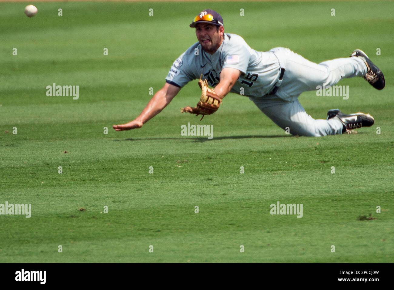 Rice outfielder Michael Fuda makes a diving catch on a ball off the bat ...