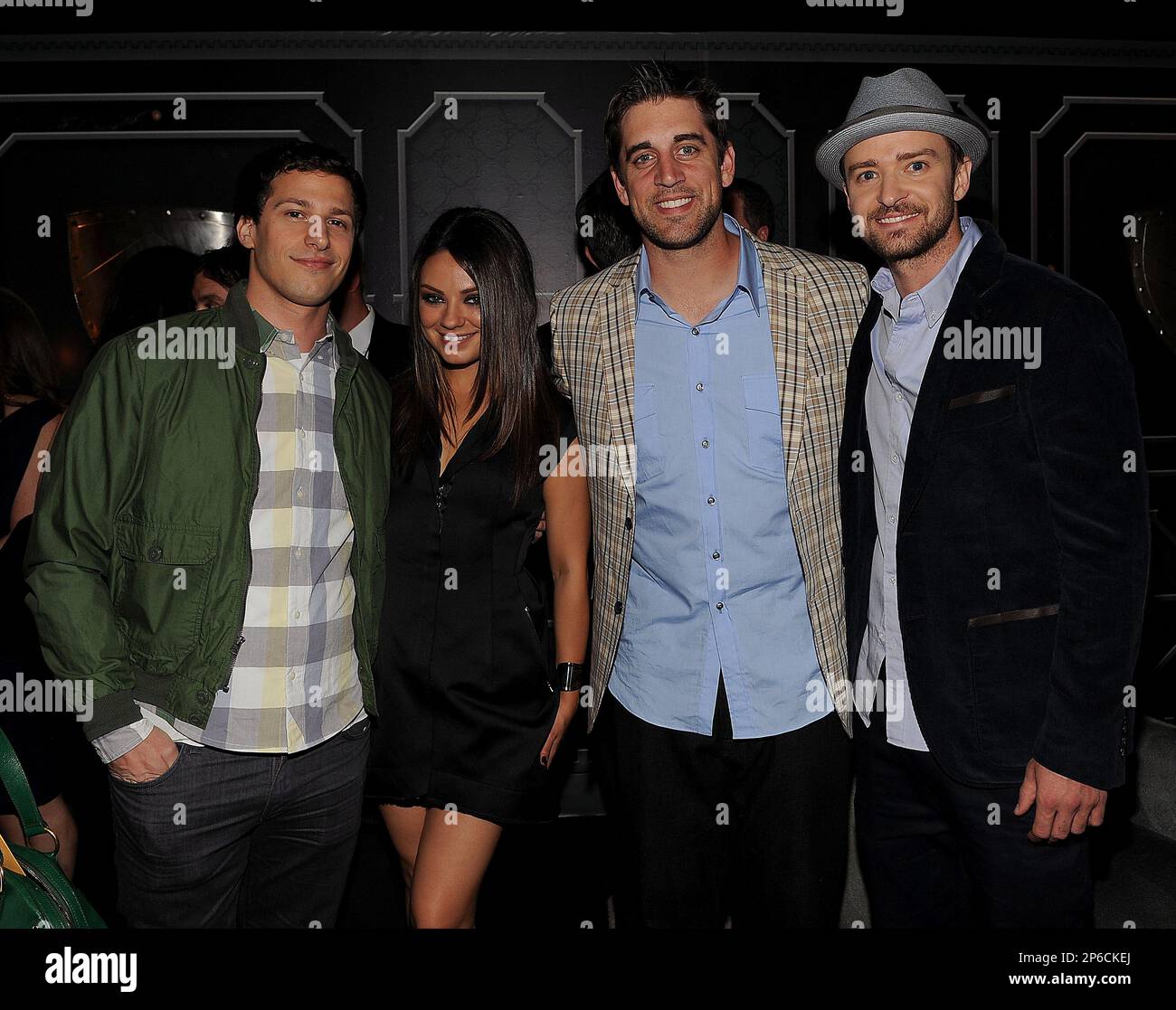 CULVER CITY, CA - JUNE 2: (L-R) Andy Samberg, Mila Kunis, Aaron Rodgers ...