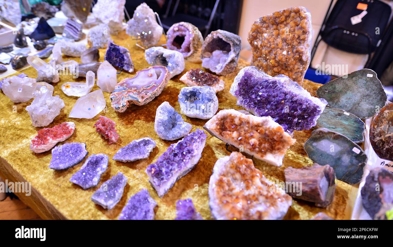 Warsaw, Poland. 5 March 2023. Warsaw Mineral Expo 2023. Colored stones ...