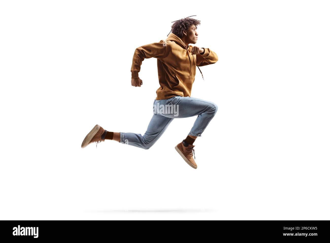 Full length profile shot of a young african american guy jumping ...