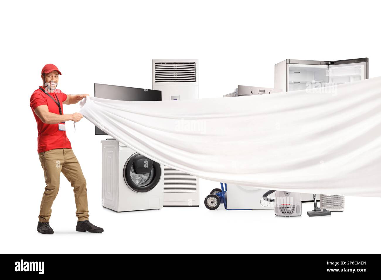 Shop assistant holding a big white cloth in front of electrical ...