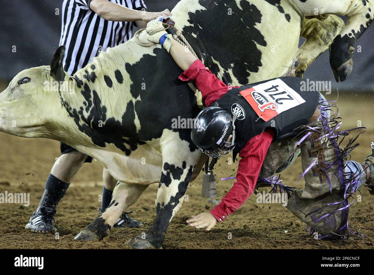 Kailer McCoy gets hung up on a bull during the 129th performance of the ...