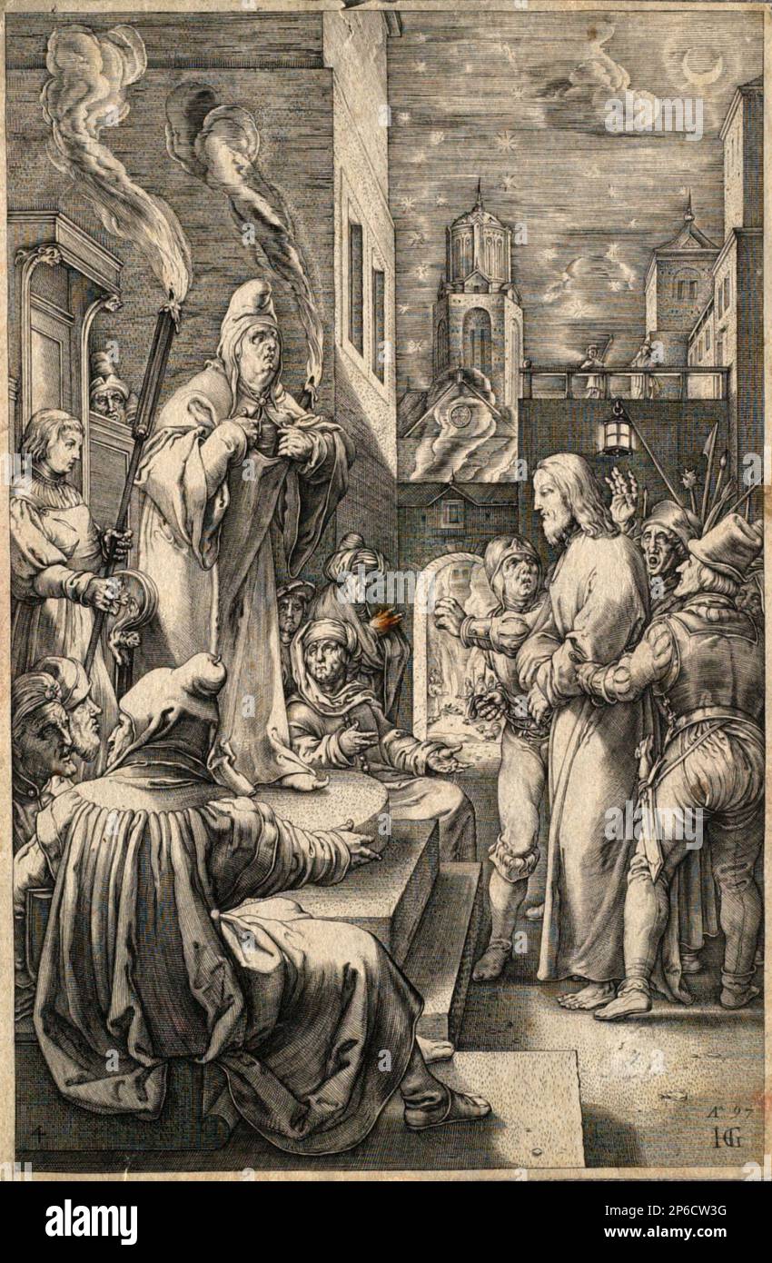 After Hendrick Goltzius, Christ Before Caiaphas, engraving Stock Photo ...