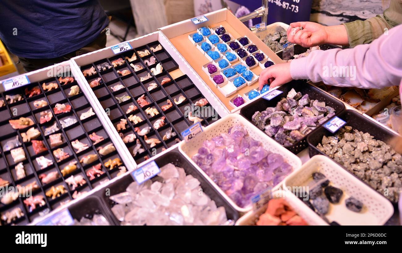 Warsaw, Poland. 5 March 2023. Warsaw Mineral Expo 2023. Colored stones ...