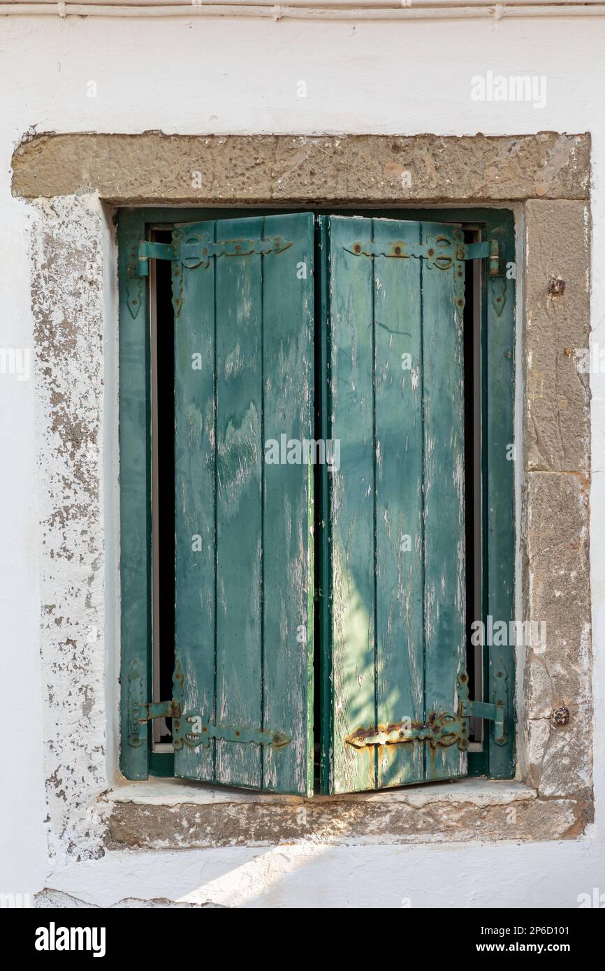 Old weathered shutter in Paleokastritsa monastery on the island of ...