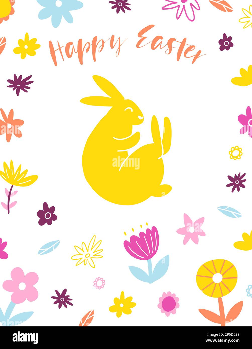 Happy Easter graphic greeting card. Hand drawn colorful plants and ...