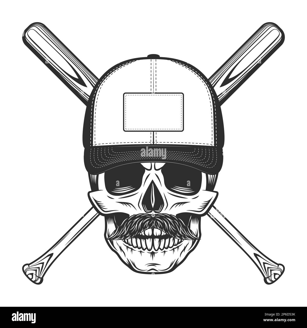 Skull in cap and mustache with baseball bat club emblem design elements ...