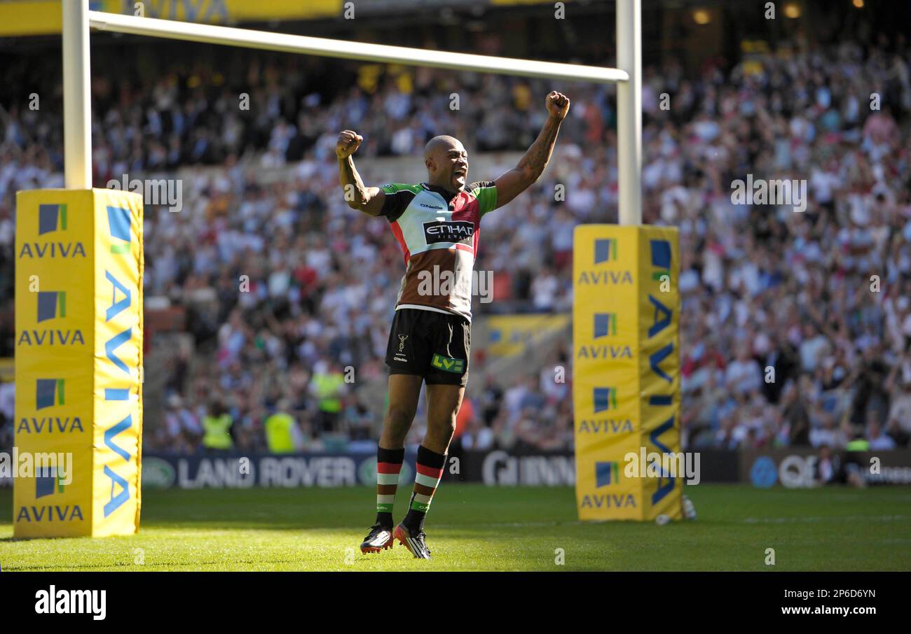 Joy for Ugo Monye of Harlequins at the final whistle..Leicester Tigers ...
