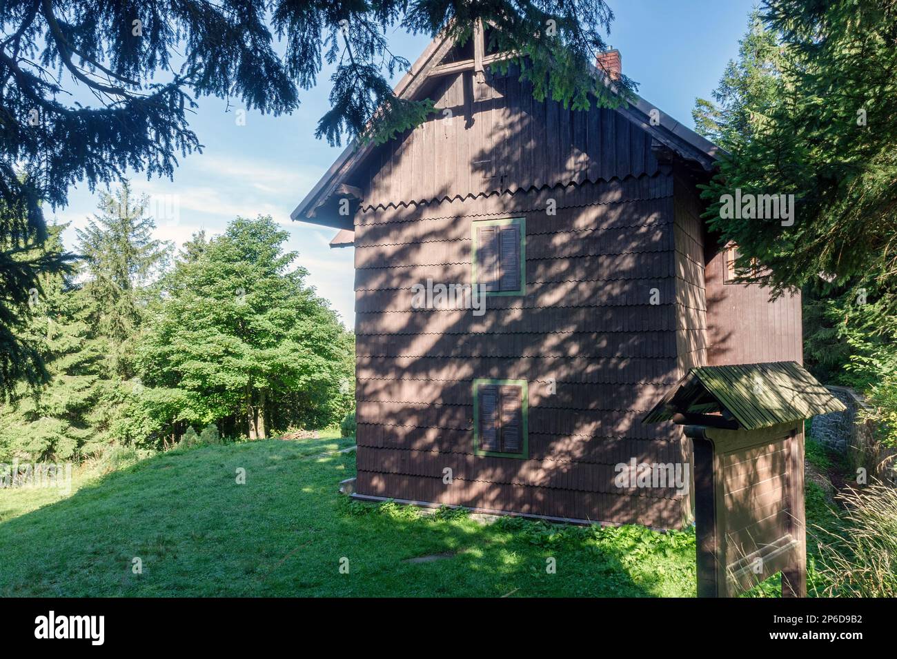 Old hunting wooden cottage in Beskid mountains on a summer day Stock ...