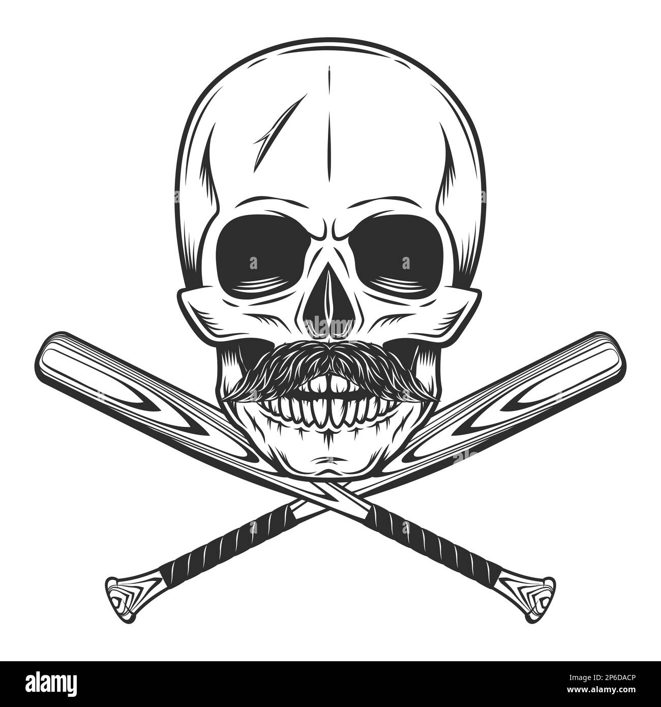 Skull and mustache with baseball bat club emblem design elements ...