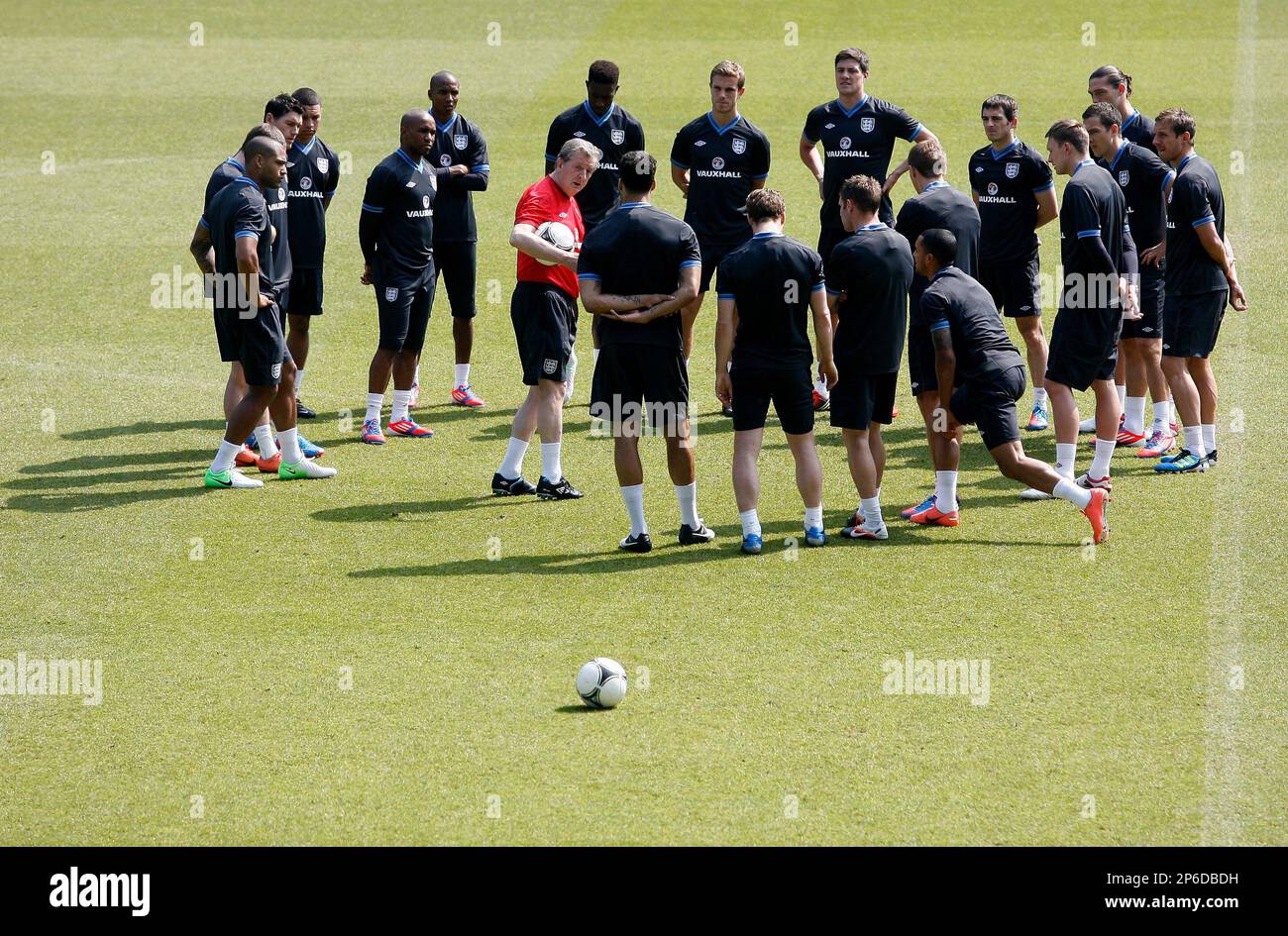 England manager Roy Hodgson speaks to his players before training ...