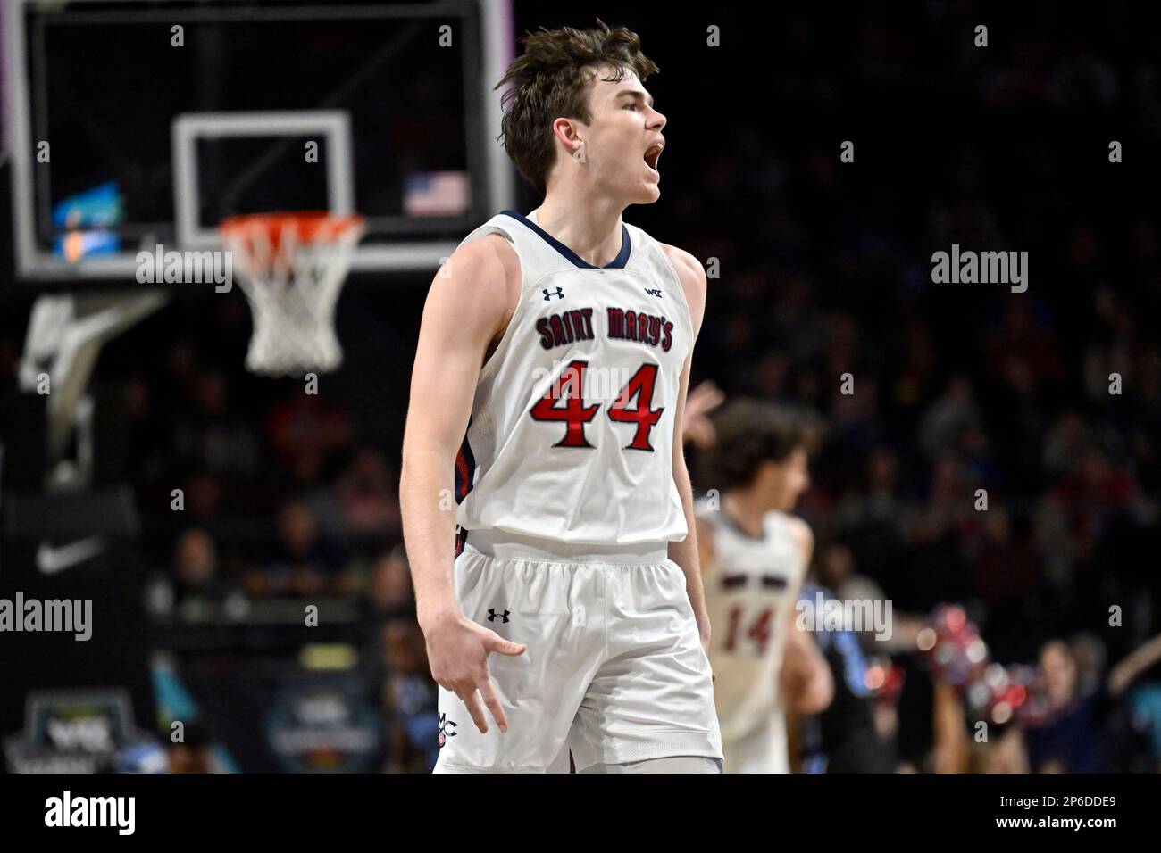 Saint Mary's guard Alex Ducas (44) reacts after a 3-point basket against BYU during the second ...