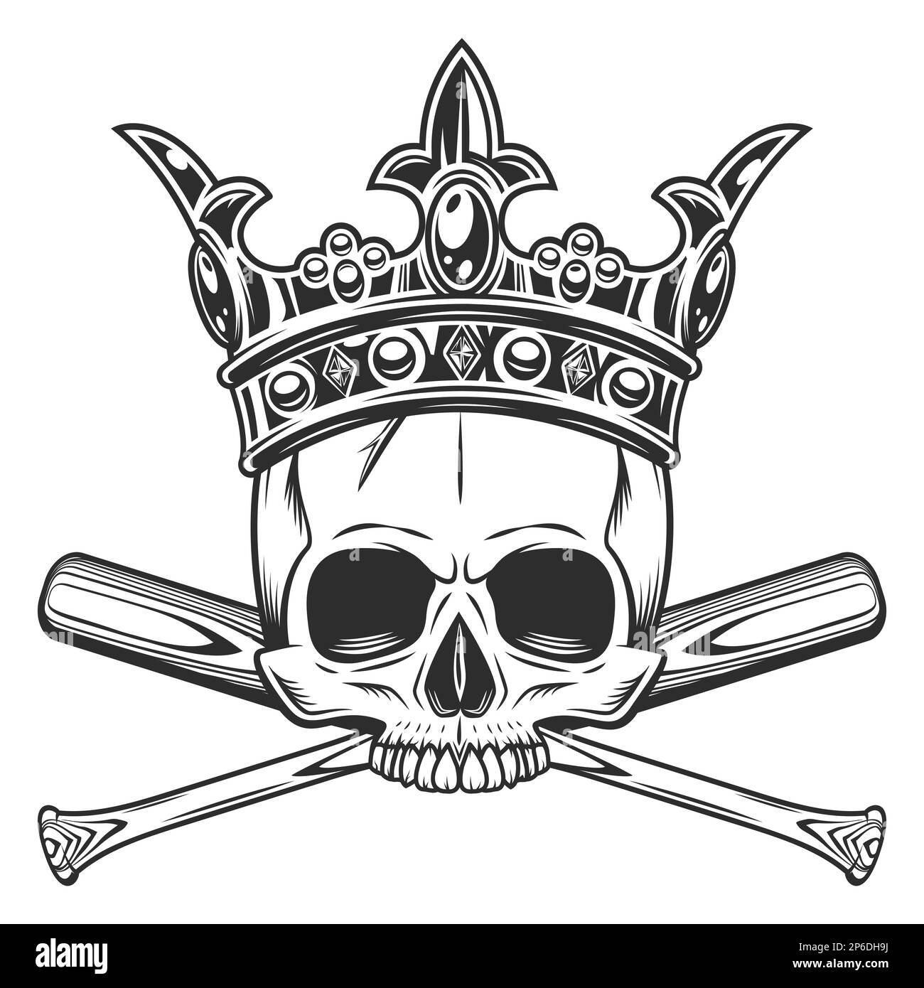 Skull without jaw in crown with baseball bat club emblem design ...