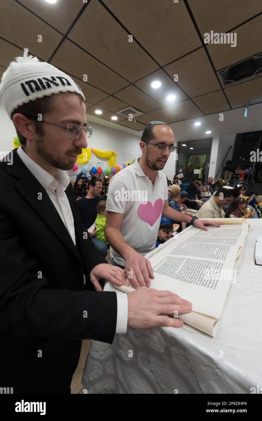 Harish, Israel. Reading of the scroll of Esther during the Jewish ...