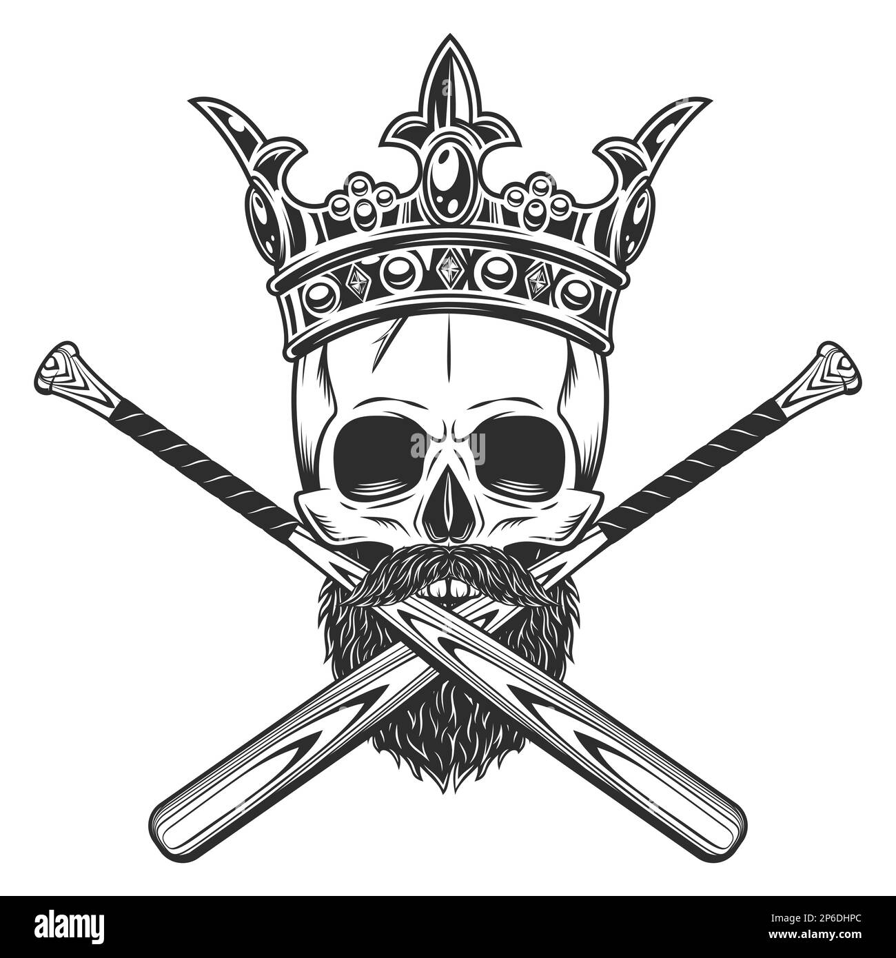 Skull in crown with beard and mustache with baseball bat club emblem ...