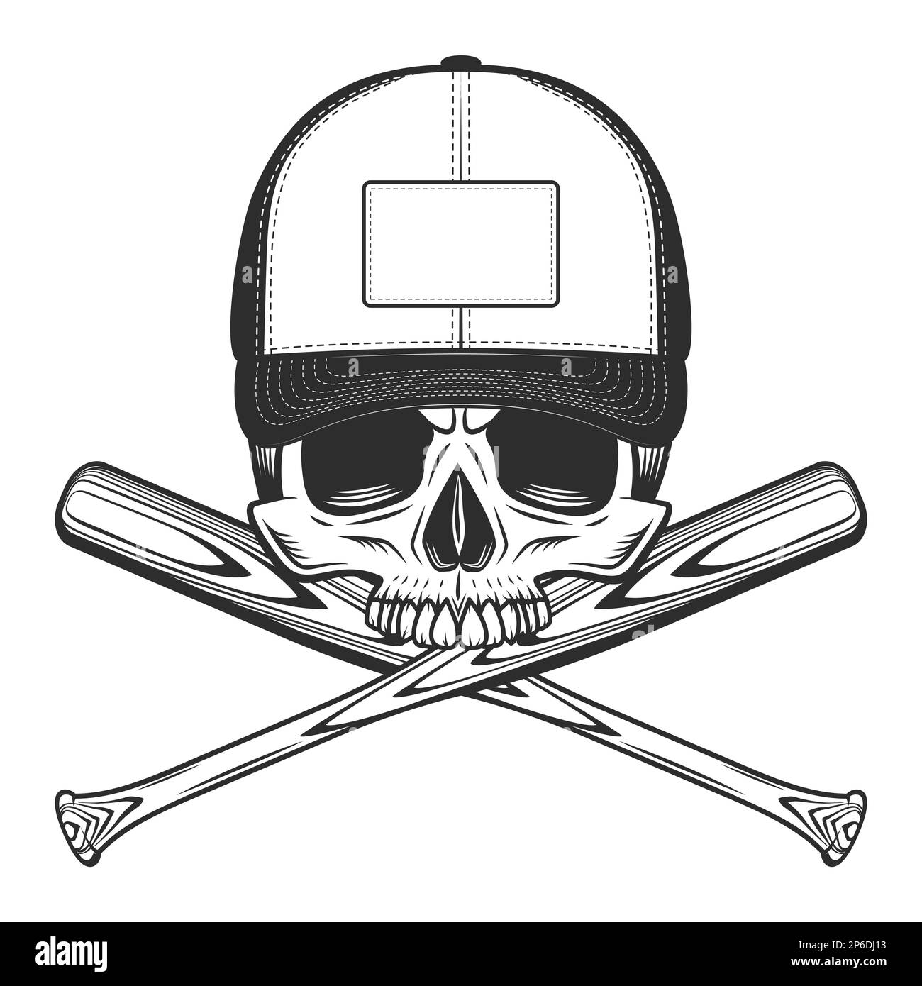 Skull without jaw in cap with baseball bat club emblem design elements ...