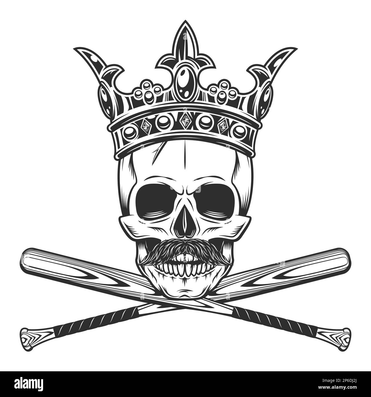 Skull in crown and mustache with baseball bat club emblem design ...