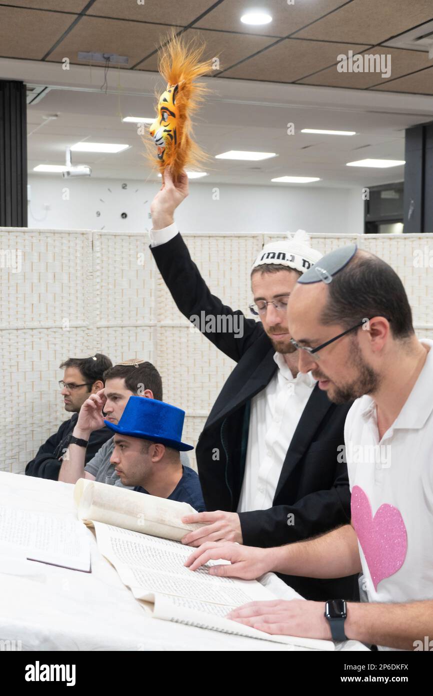 Harish, Israel. Reading of the scroll of Esther during the Jewish ...