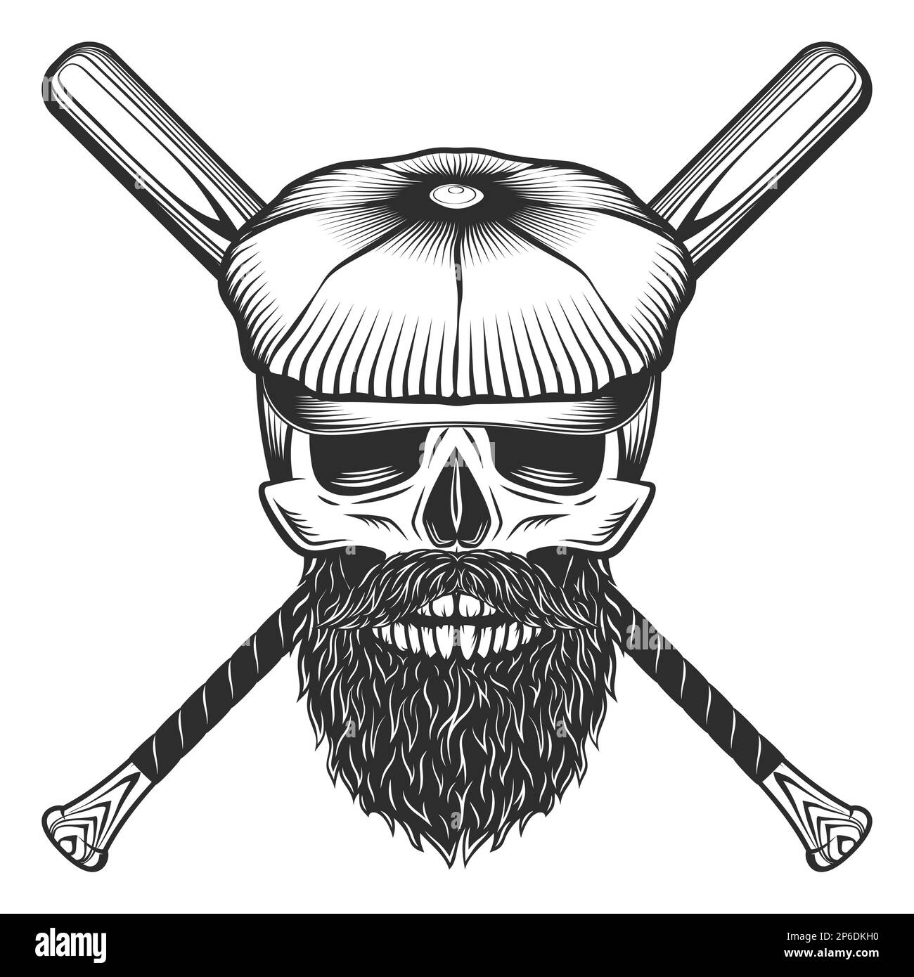 Skull in flat cap with beard and mustache with baseball bat club emblem ...