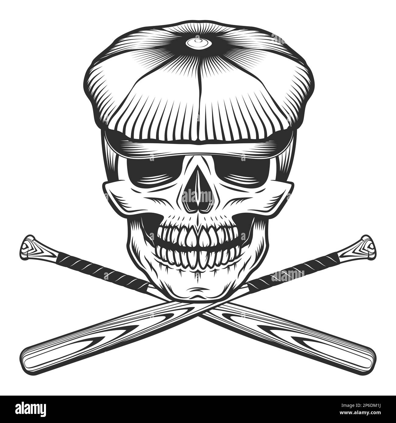 Skull in flat cap with baseball bat club emblem design elements ...