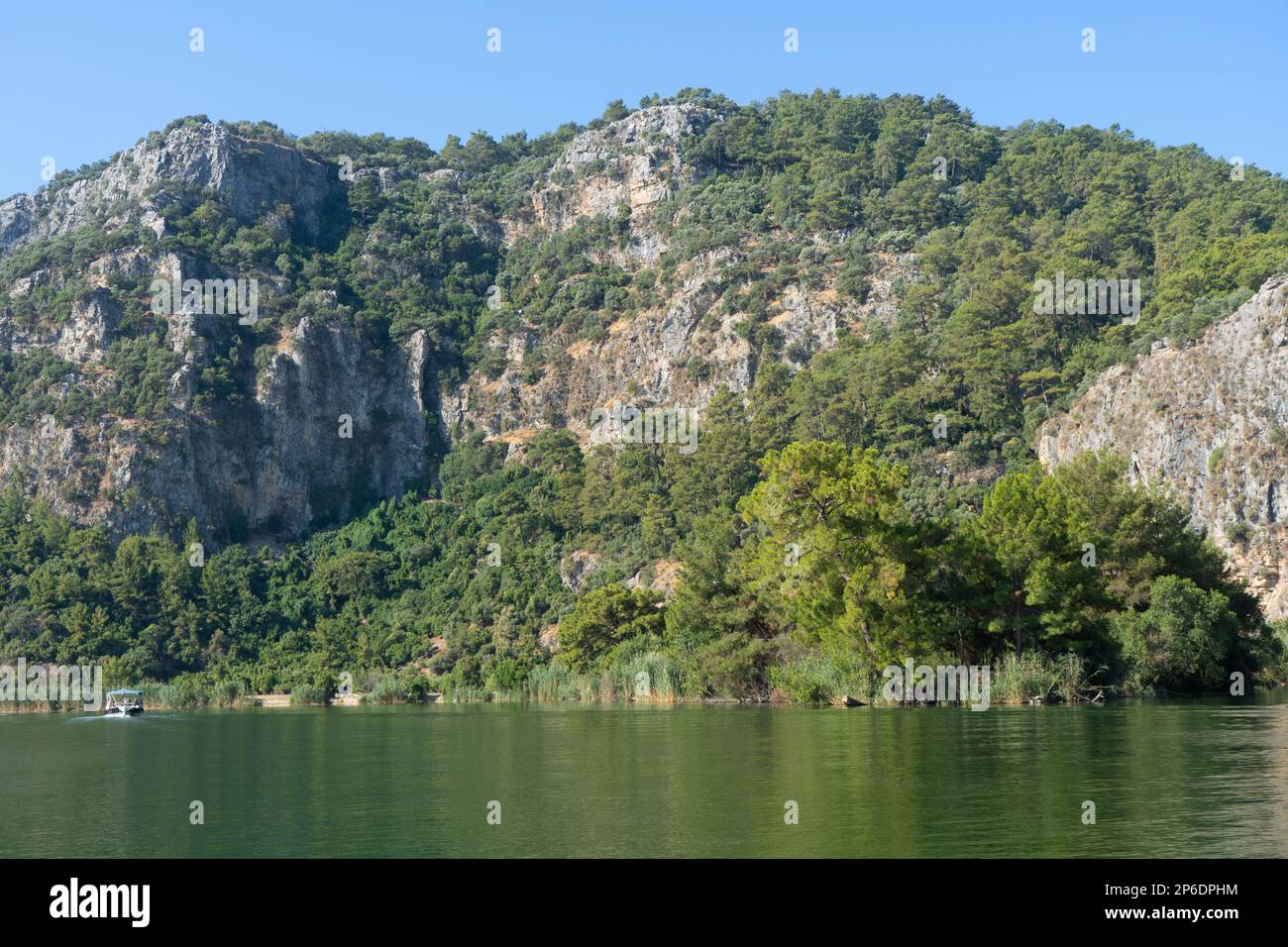 Summer landscape in Turkey. Sea water and hills under blue sky. Turkie ...