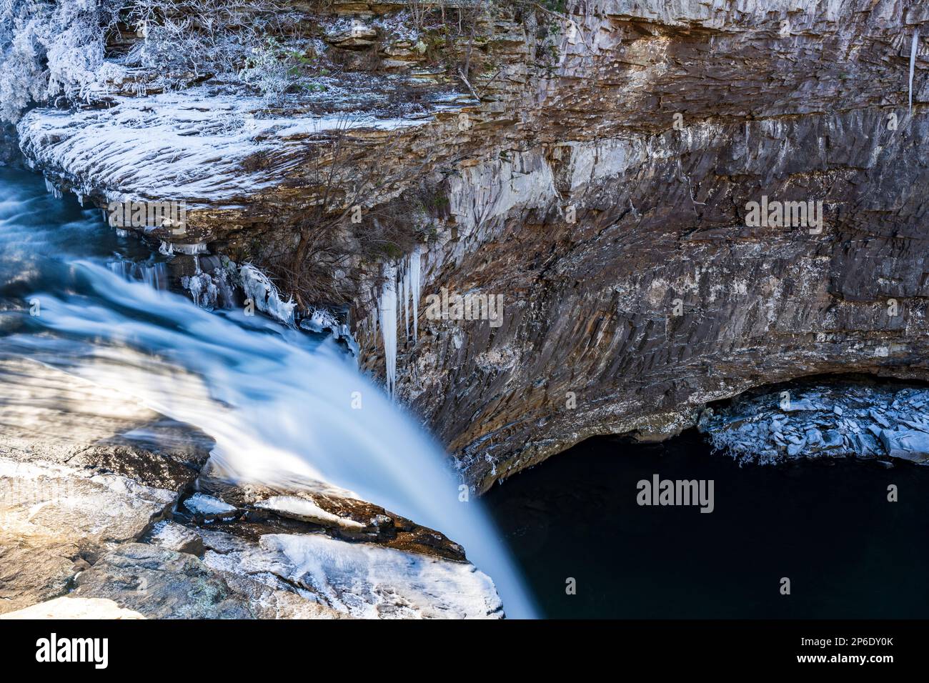Tranquil winter scene of the Desoto Falls cascading over a rocky ...