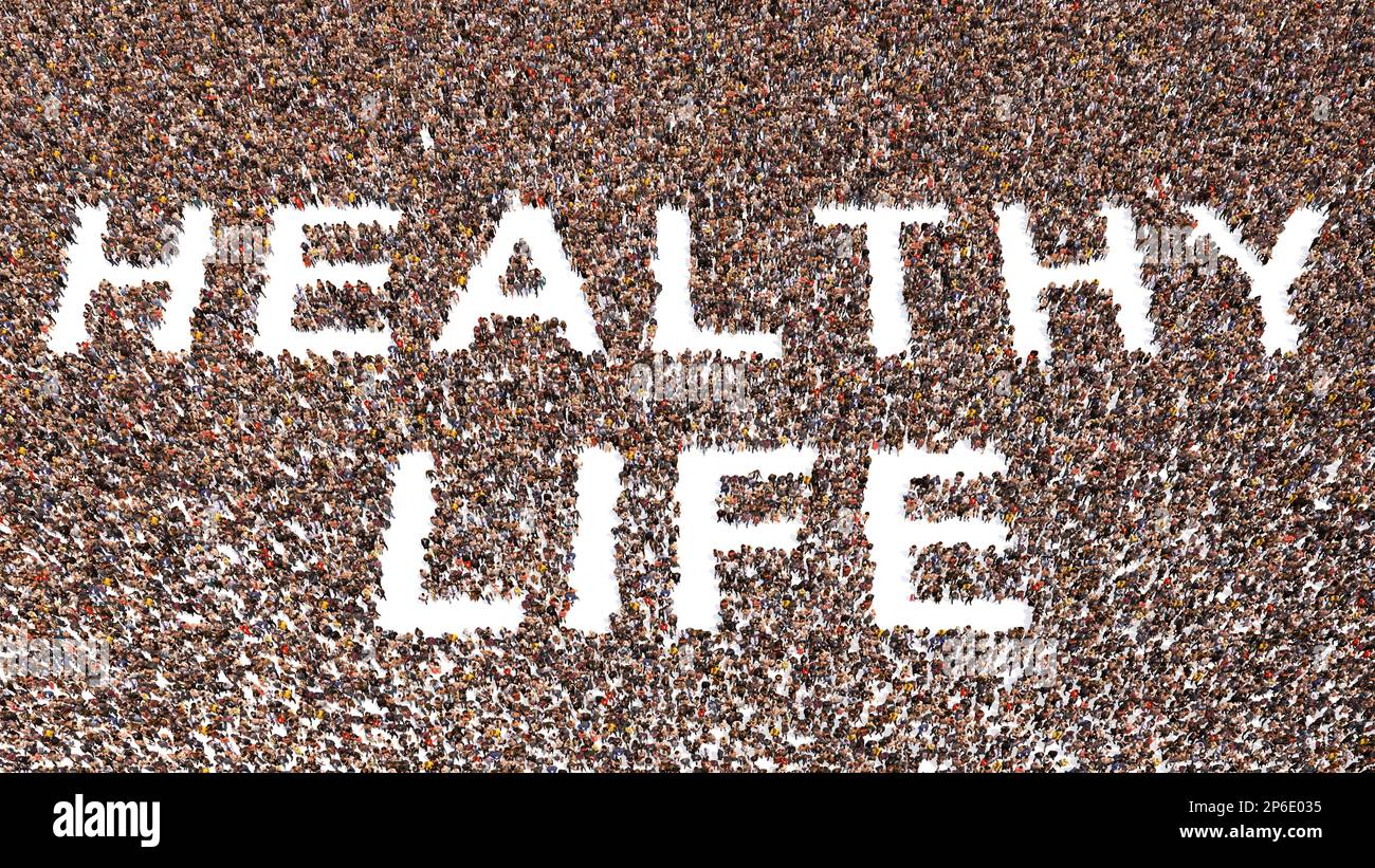 Conceptual community of people forming the HEALTHY LIFE message. 3d ...
