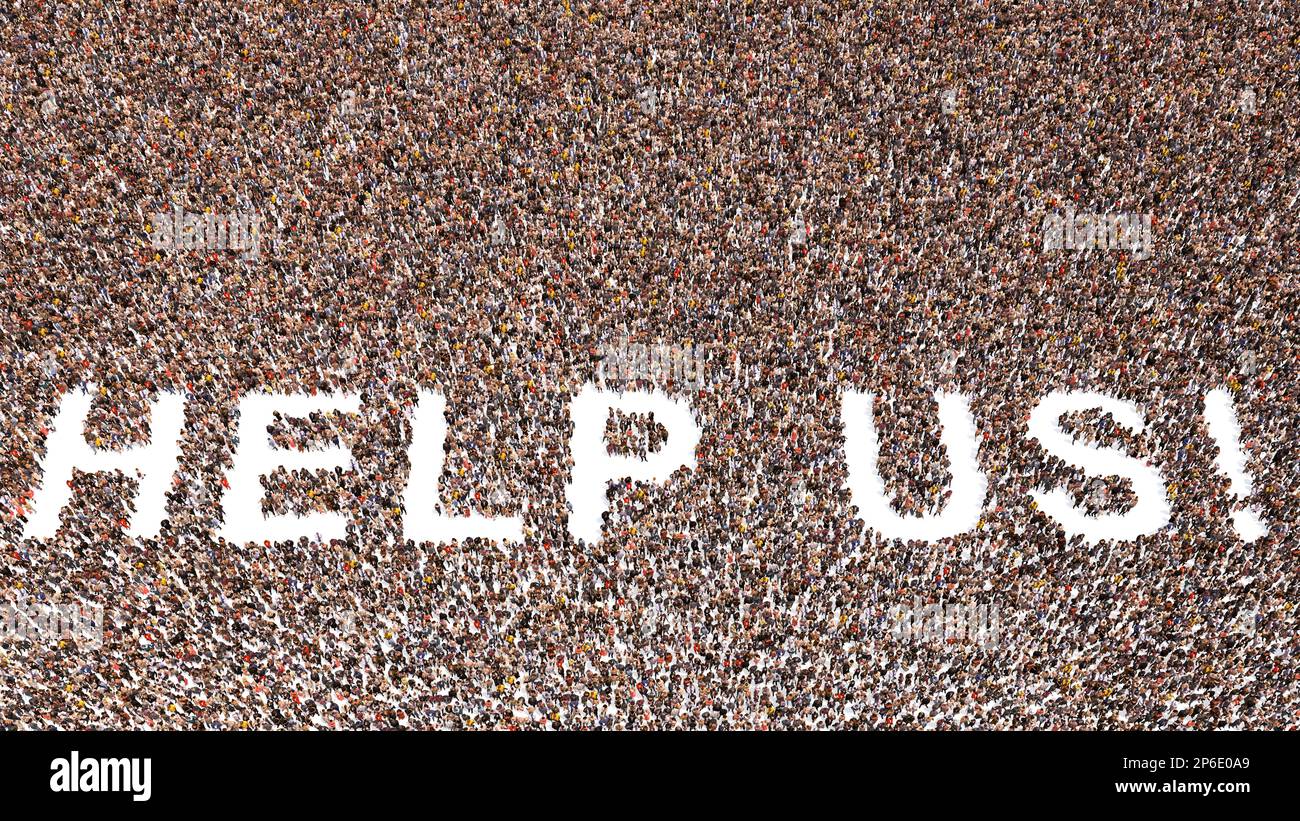 Concept or conceptual large community of people forming HELP US message ...
